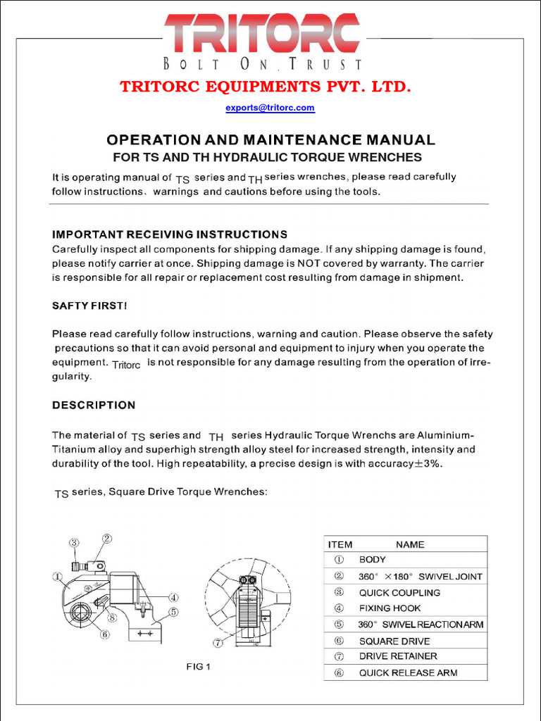 Hydraulic Torque Wrench Operation Manual | PDF | Equipment | Machines