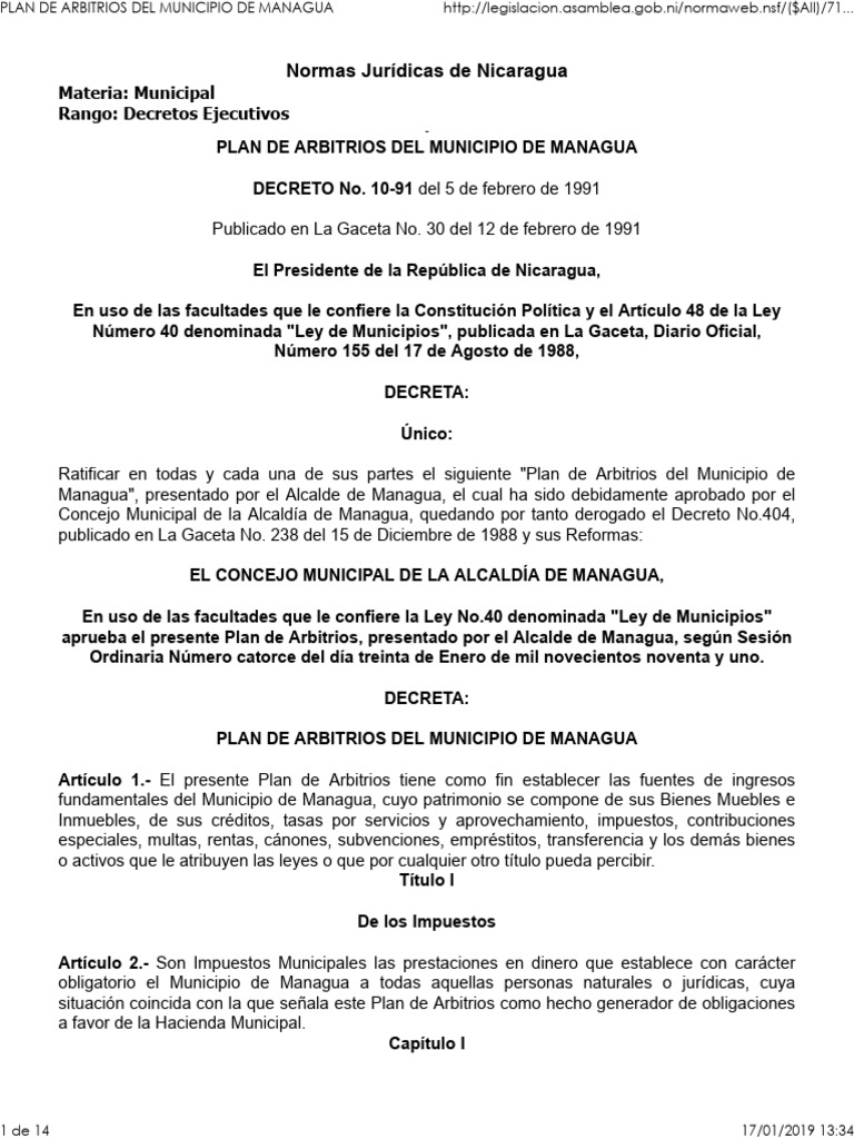 Plan de Arbitrios Managua 1991 | PDF | Estatuto de limitaciones | Impuestos