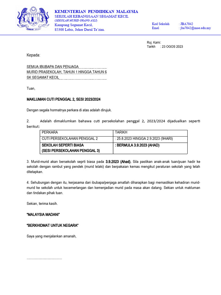 Surat Makluman Cuti Sekolah | PDF