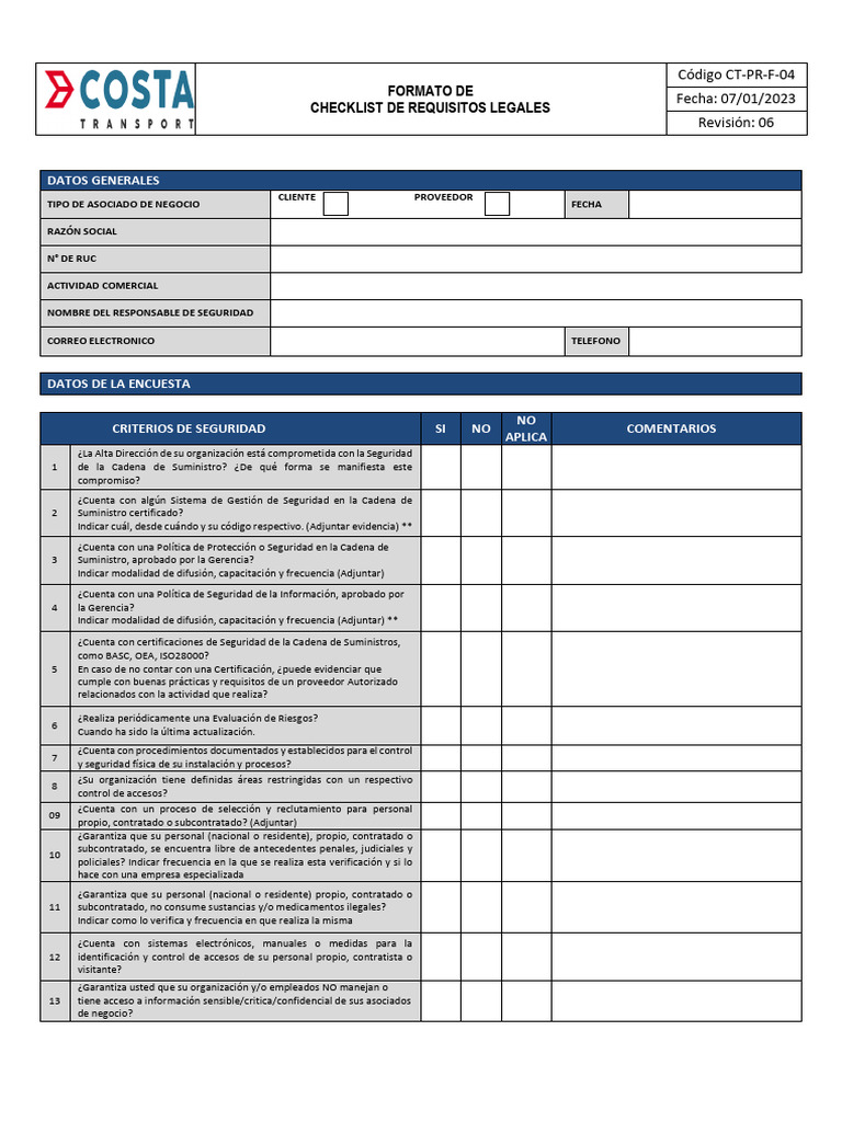 CT-PR-F-04 Formato Check List de Requisitos Legales | PDF | Comercio ilegal de drogas ...