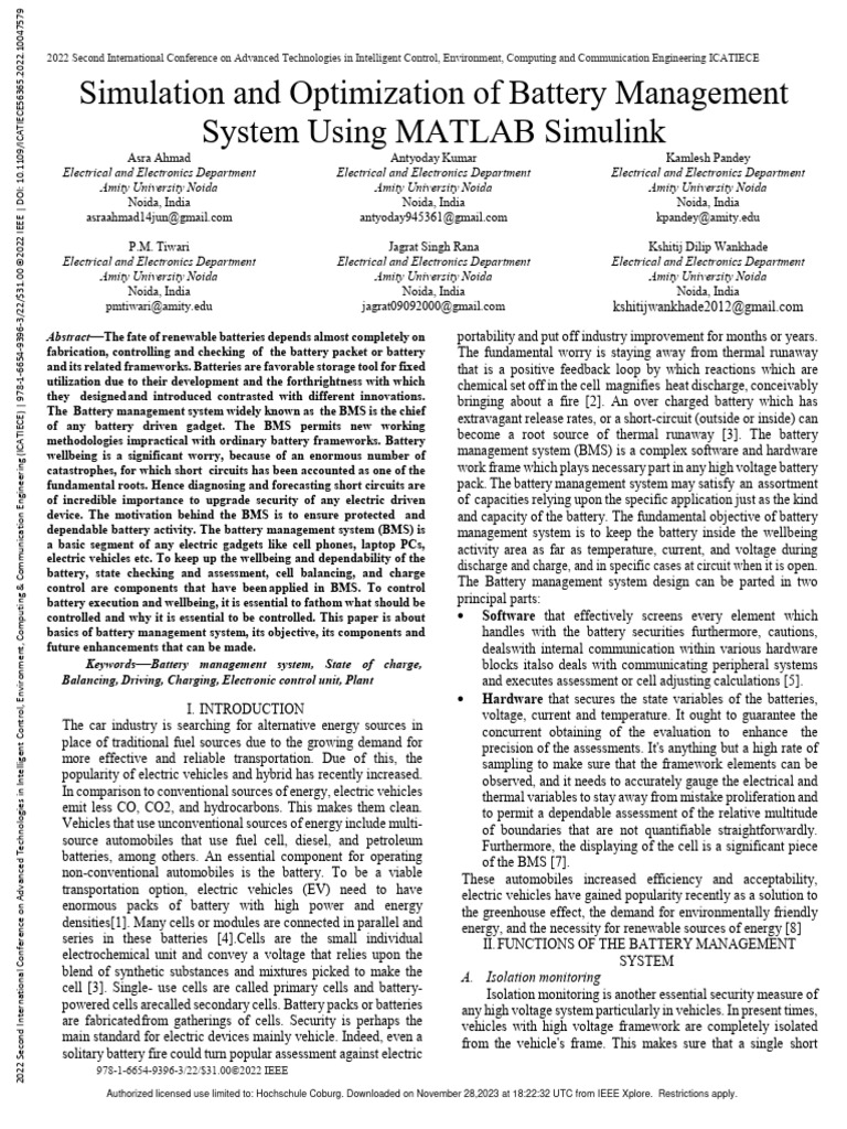 Simulation and Optimization of Battery Management System Using MATLAB ... Simulation and Optimization of Battery Management System Using MATLAB ...