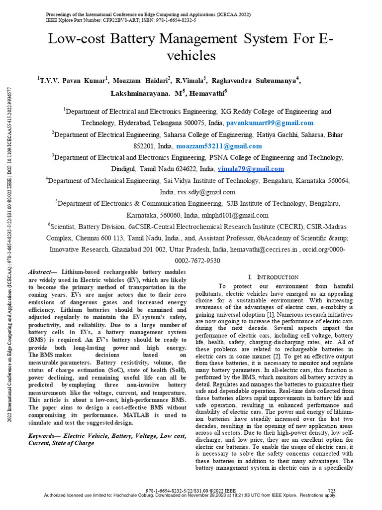 Low-Cost Battery Management System For E-Vehicles | PDF | Rechargeable ...