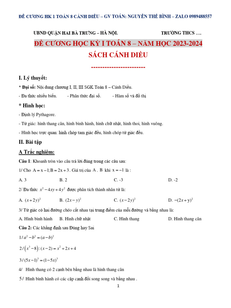 14. Đề Cương Hk1 Toán 8 Cánh Diều. Thcs Tây Sơn 2023-2024 | PDF
