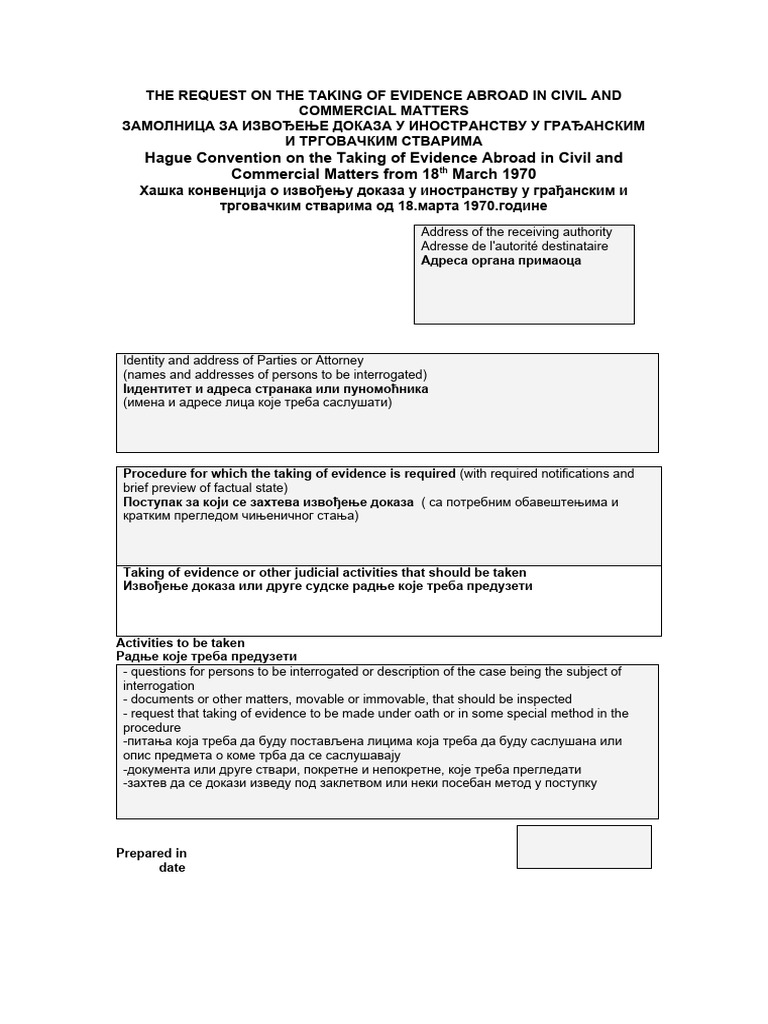 Zamolnica Za Izvodjenje Dokaza U Inostranstvu U Gradjanskim I ...