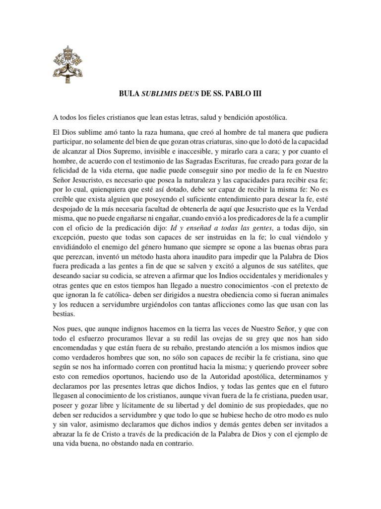 Bula 'Sublimis Deus' (SS. Paulo III. 1537) PDF | PDF | Iglesia Católica
