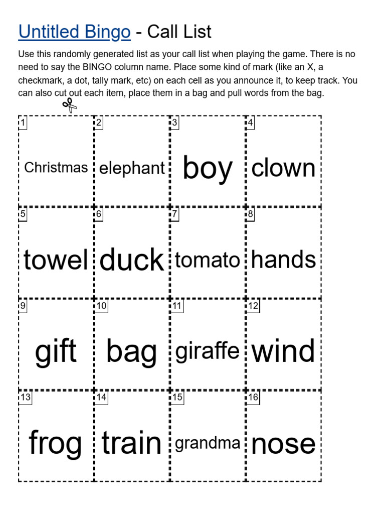 Sleepover Bingo Call List | PDF