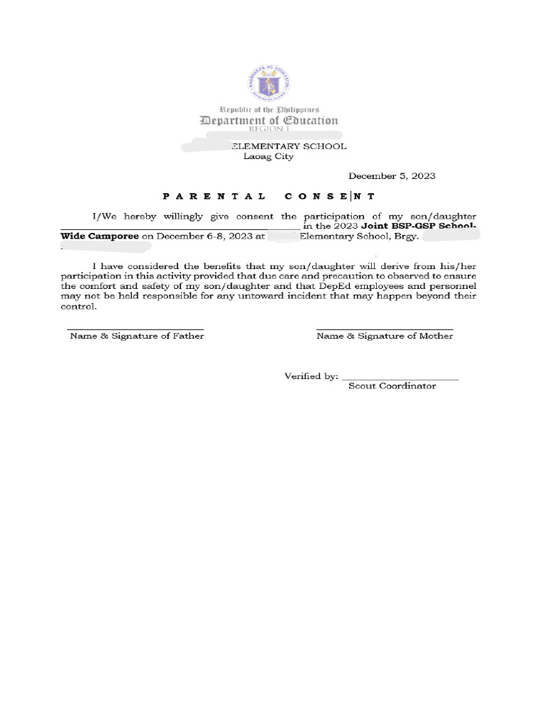 Parental Consent For Camping | PDF