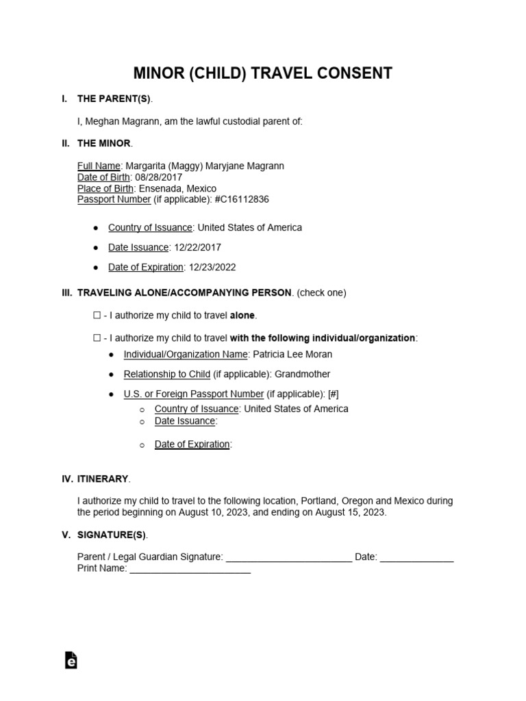 Minor Travel Consent Form Template | PDF