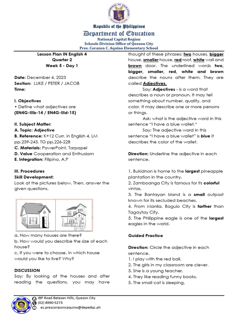 English 4 Lesson Plan: Adjectives | PDF | Metro Manila | Adjective