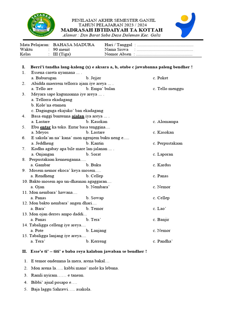 Soal Pas Bahasa Madura Kelas 3 | PDF