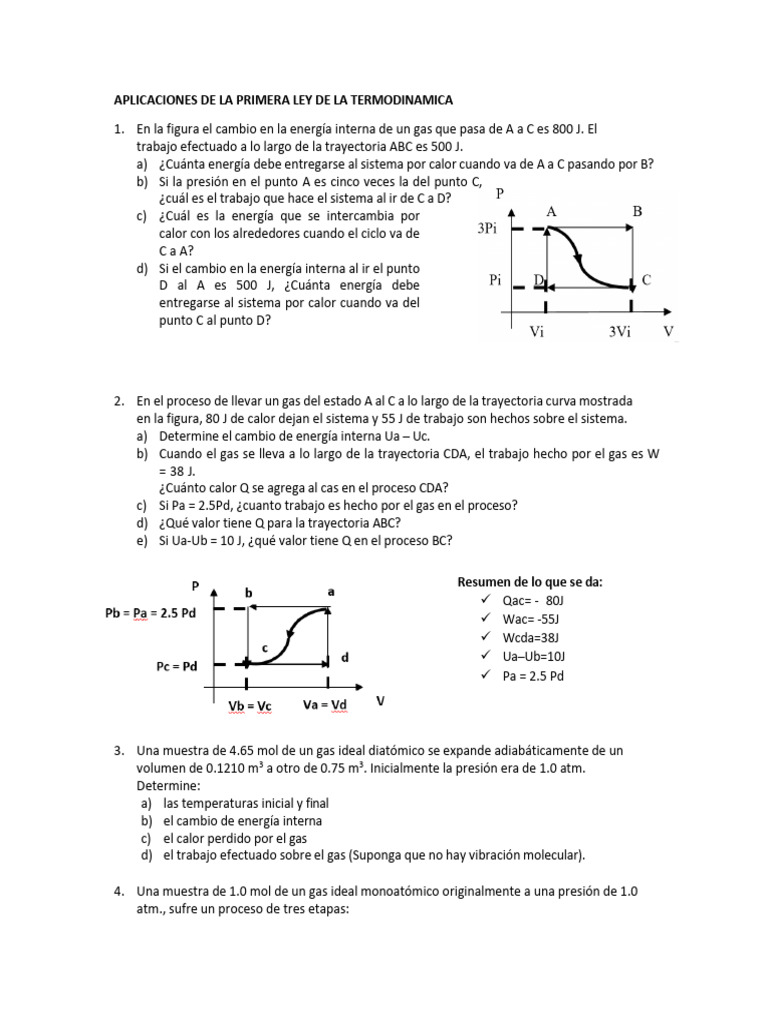 Aplicaciones Primera Ley de La Termodinamica | PDF | Gases | Calor