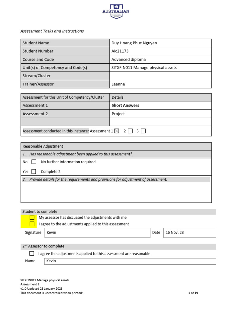SITXFIN011 Asset Management Assessment | PDF | Depreciation | Cost