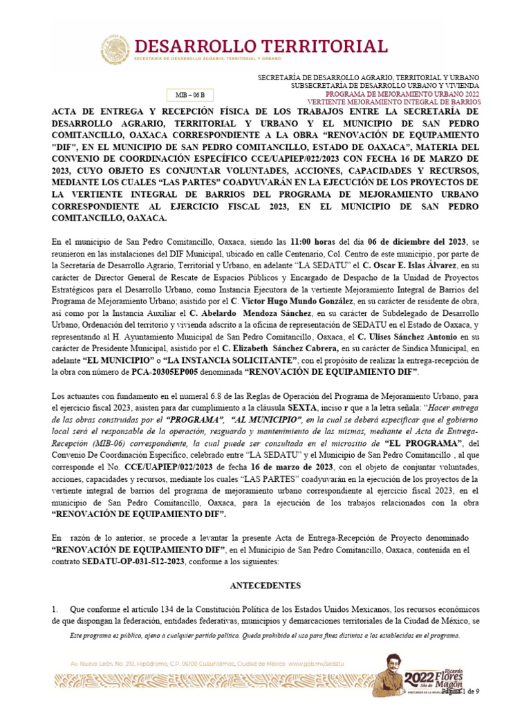 MIB-06 2023 Acta de Entrega-Recepción_Municipio_DIF_COMITANCILLO | PDF | Presupuesto | México