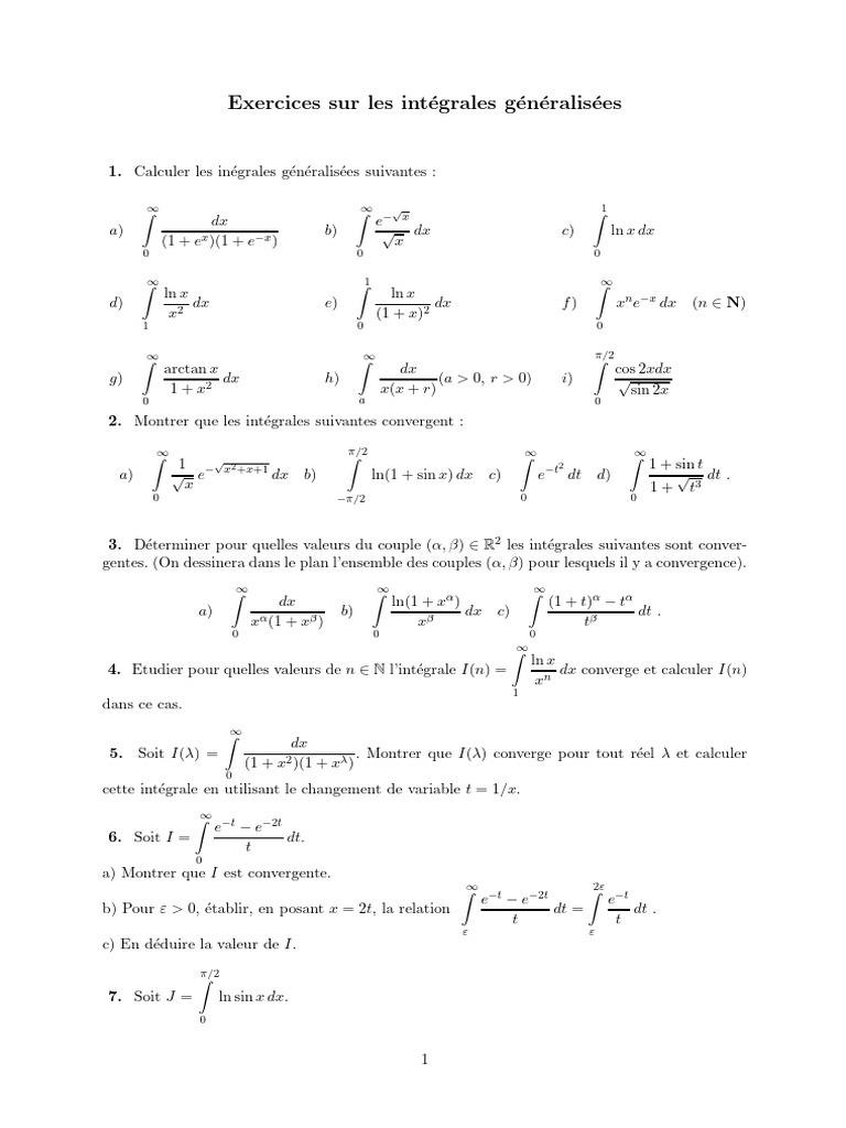Exercices sur les intégrales généralisées | PDF | Limite (mathématiques ...
