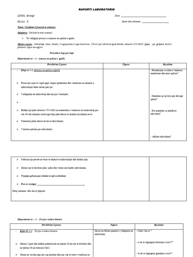 RAPORTI LABORATORIK Biologji Osmoza Ne Qeliza Shtazore Dhe Bimore | PDF
