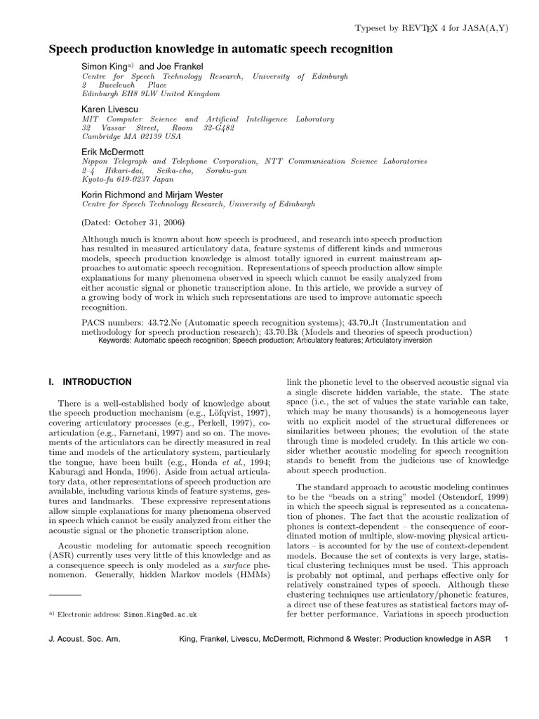 King Etal JASA2007 | PDF | Speech Recognition | Phonology