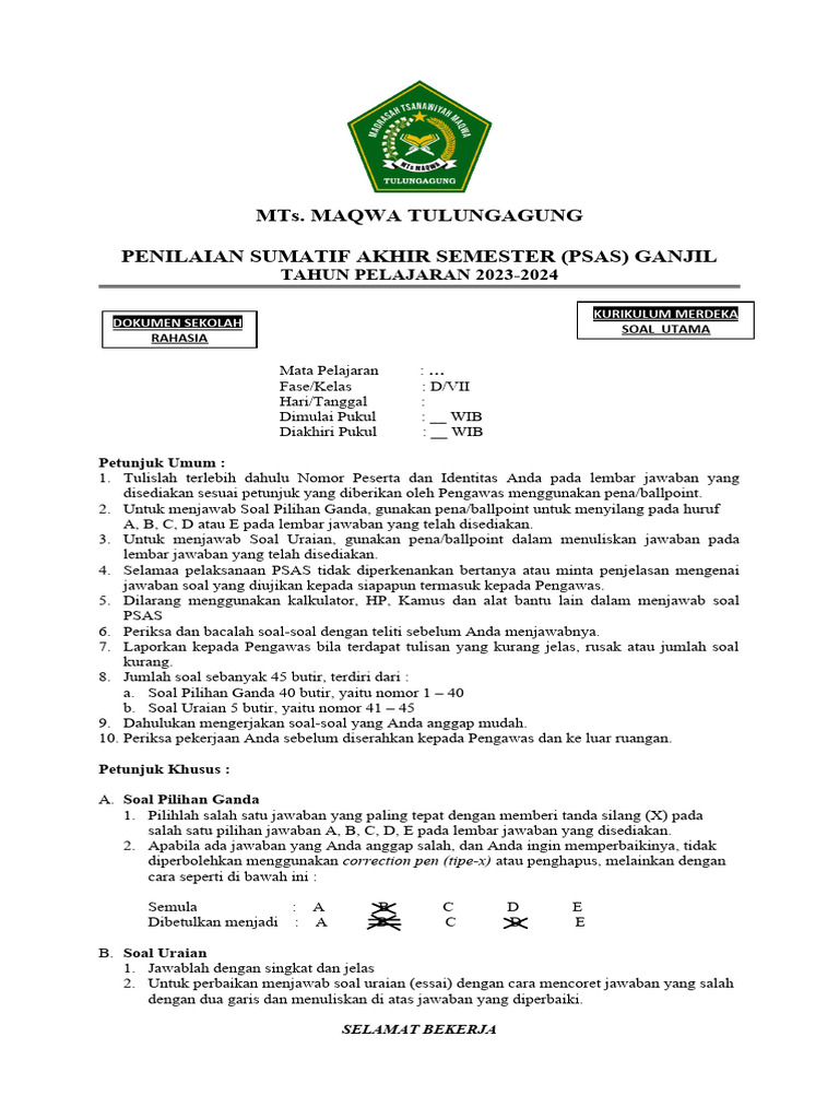 Format Naskah Soal PAS Ganjil MTs | PDF | Karier & Perkembangan | Metode & Bahan Ajar