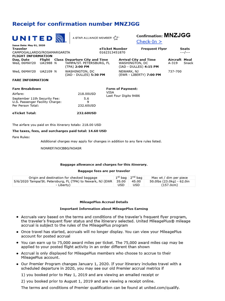 Receipt For Confirmation Number MNZJGG | PDF | United Airlines | Aviation