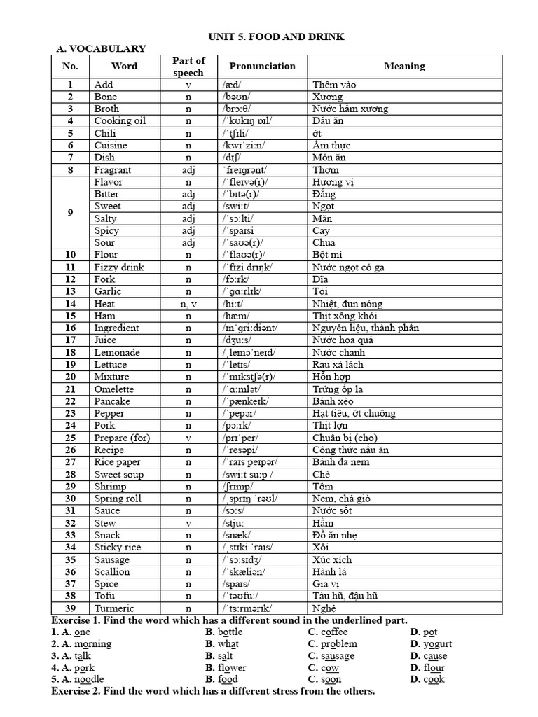 Unit 5 | PDF | Cooking | Foods