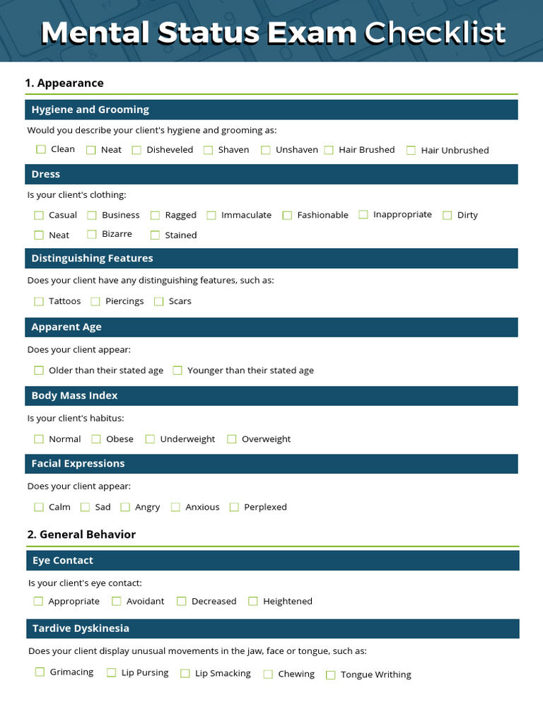 Mental Status Exam Checklist | PDF | Affect (Psychology) | Mental Health