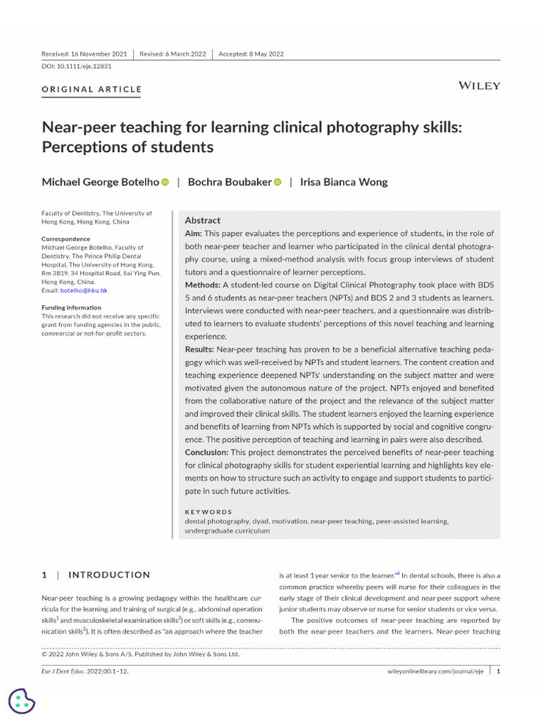 Near-Peer Teaching For Learning Clinical Photography Skills | PDF ...