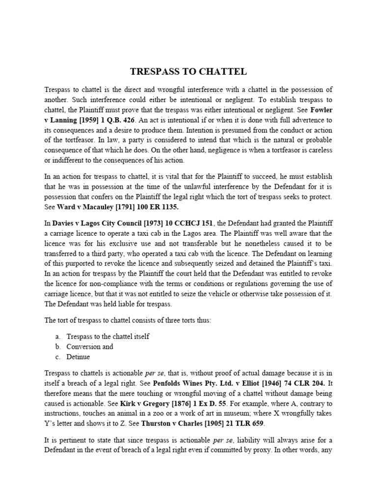 Trespass To Chattel | PDF | Conversion (Law) | Trespass
