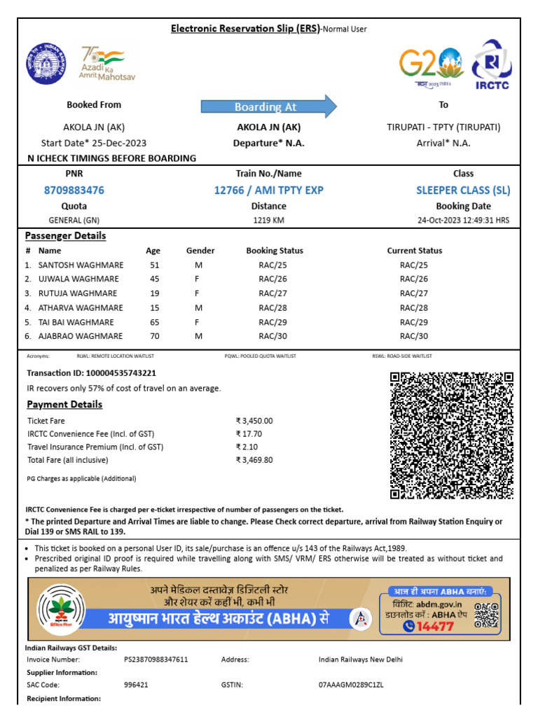 Ami Tpty Exp Sleeper Class (SL) : Electronic Reserva On Slip (ERS ...