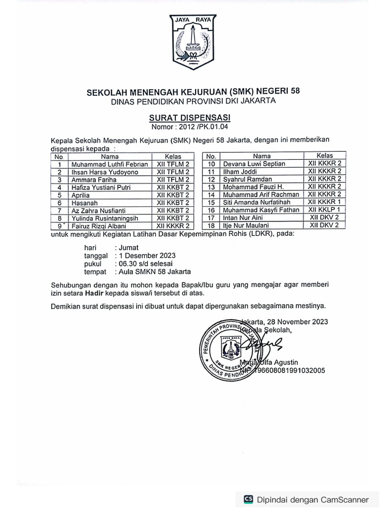Surat Dispensasi Kegiatan LDKR | PDF