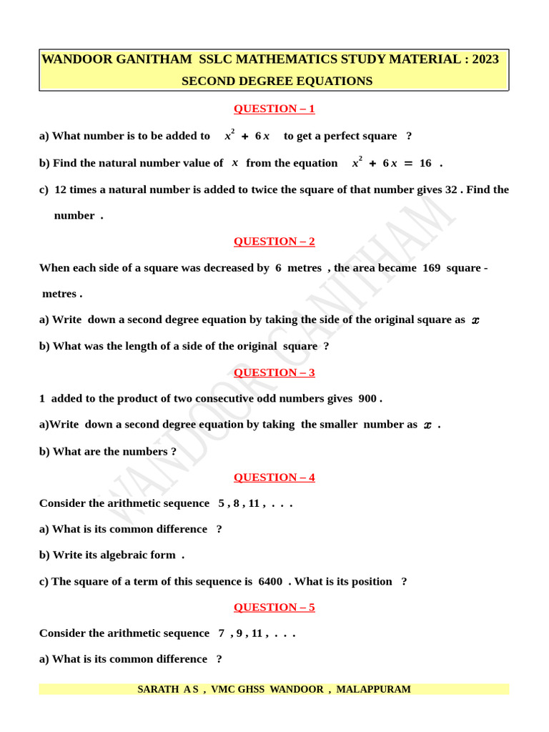 SSLC Mathematics Important Questions Chap 4 EM SECOND DEGREE EQUATIONS ...