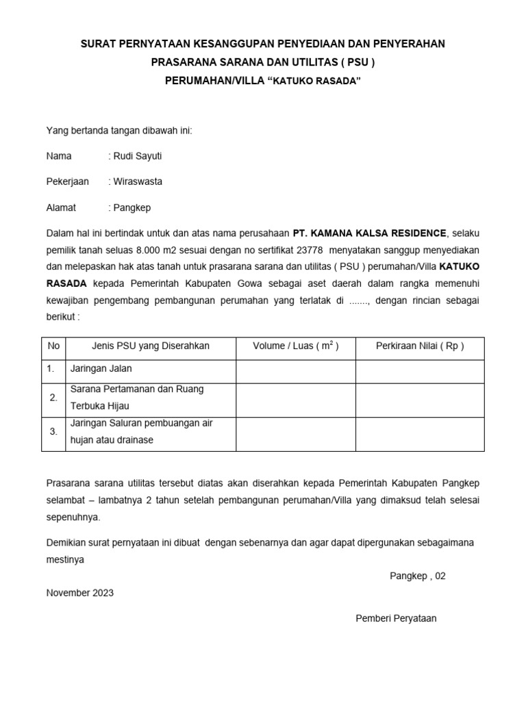 Surat Pernyataan Penyerahan Psu Perumahan Katuko Rasada | PDF