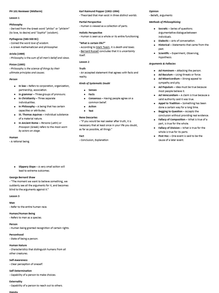 PH 101 Reviewer | PDF | Argument | Truth