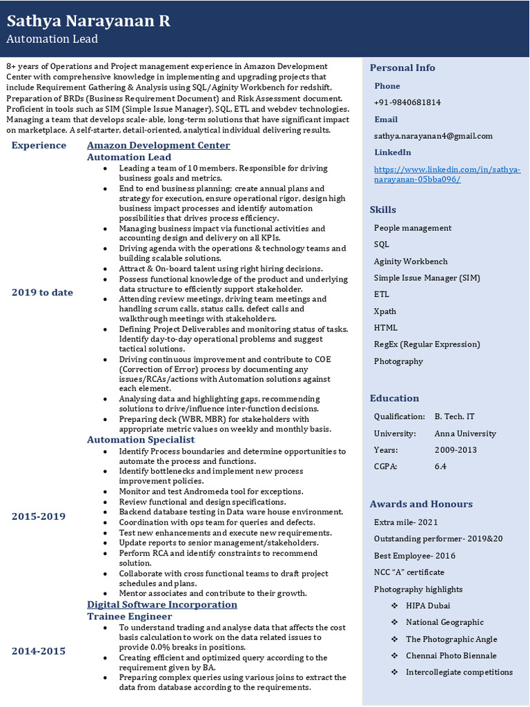 Resume - SathyaNarayanan R | PDF | Automation | Databases