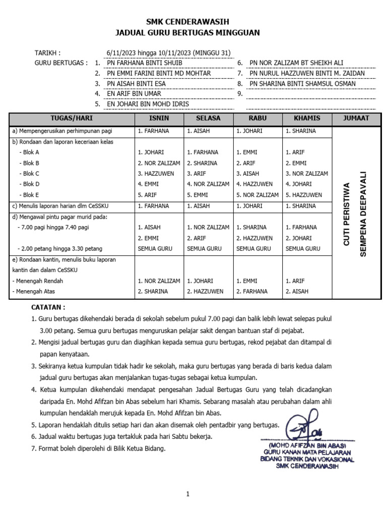Jadual Bertugas M31 2023 | PDF