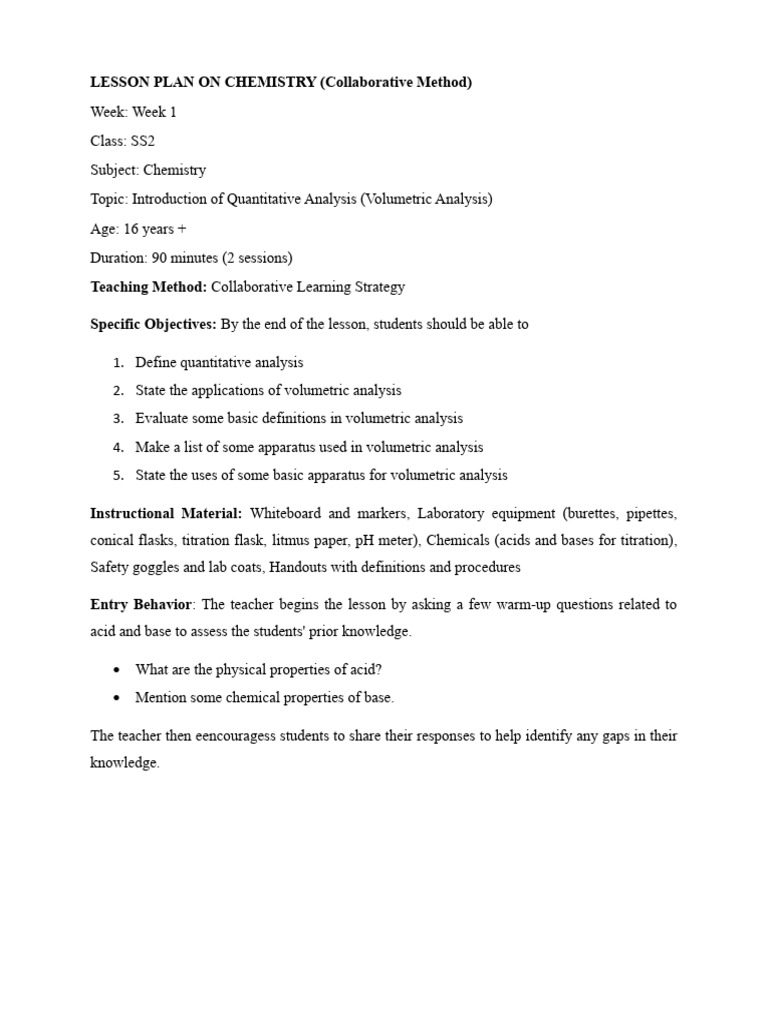 Chemistry Lesson Plan: Quantitative Analysis | PDF | Titration | Chemistry