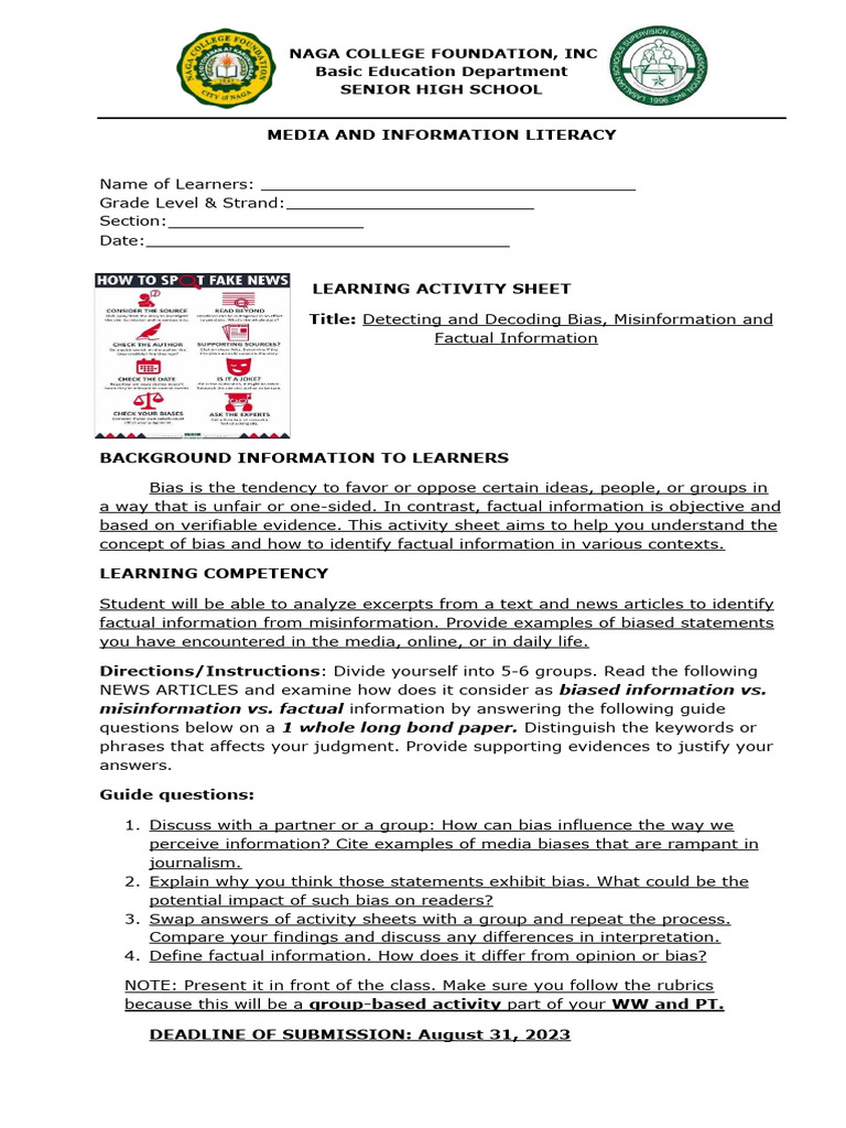 Mil - Activity Sheet | PDF | Bias | Information