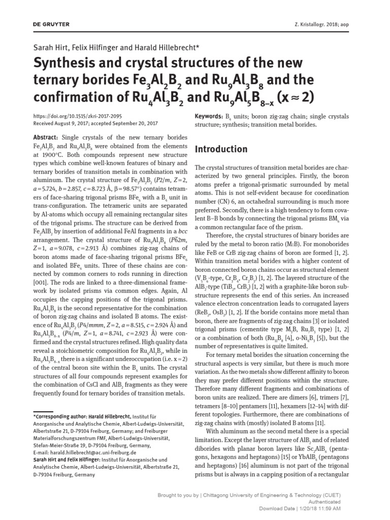 Synthesis and Crystal Structures of The New Ternary Borides Fe Al B and ...