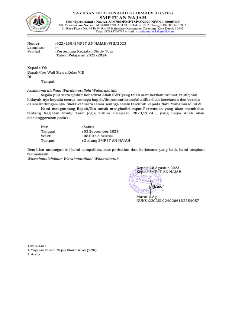 Surat Undangan Rapat Study Tour | PDF