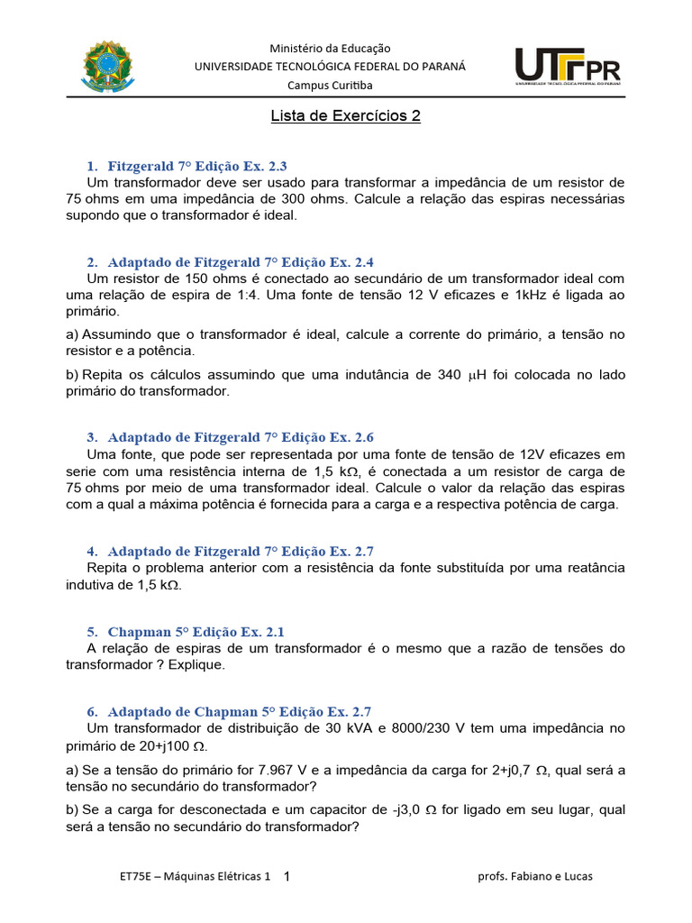 Lista de Exercicios 2 | PDF | Transformador | Impedância elétrica