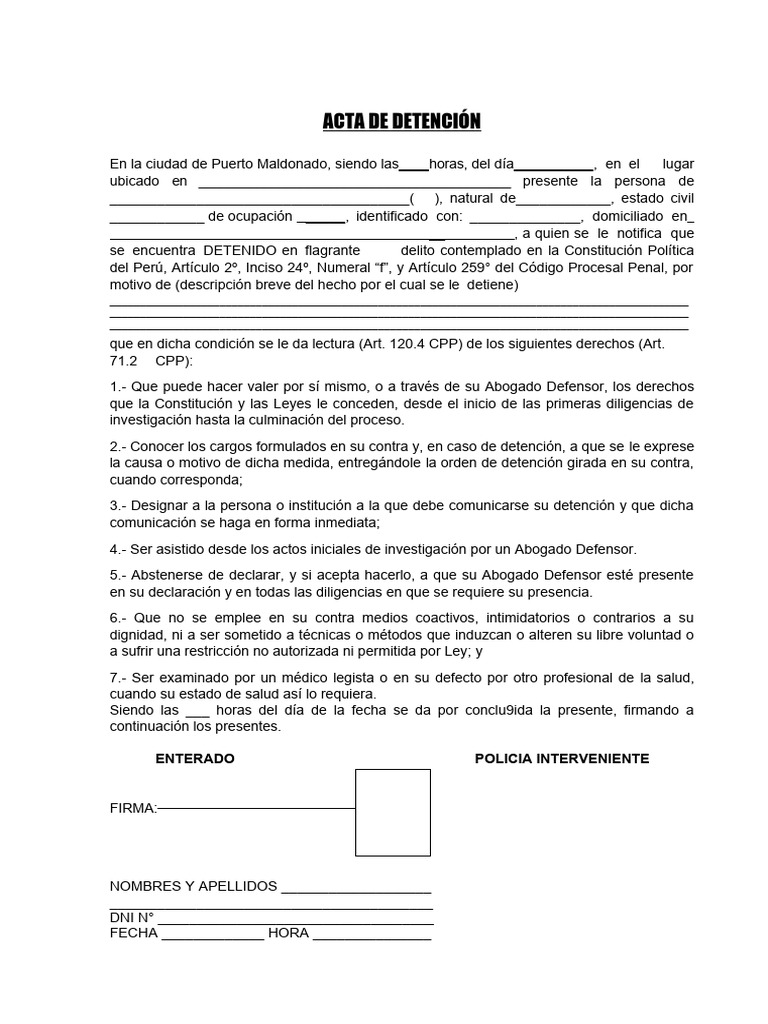 ACTA DE DETENCIÓN | PDF | Gobierno | Justicia ACTA DE DETENCIÓN | PDF | Gobierno | Justicia