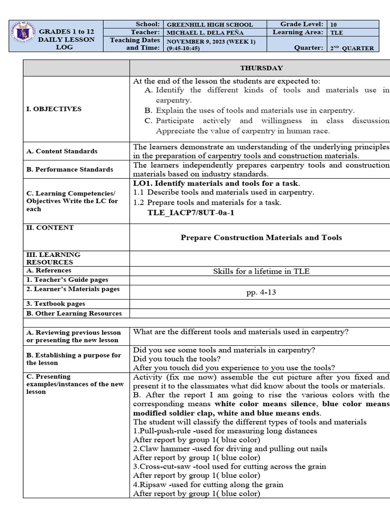 LO1. Identify Materials and Tools For A Task | PDF | Learning | Carpentry