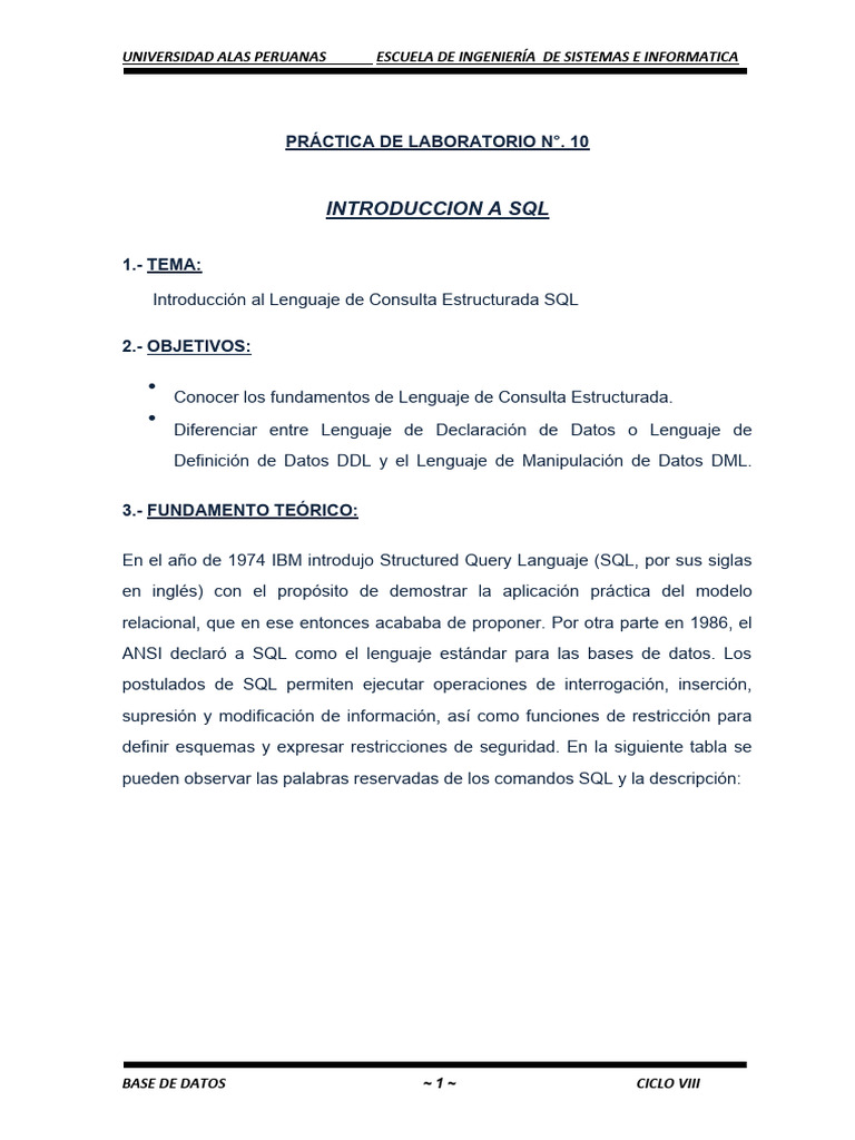 Práctica de Laboratorio 10 Introduccion A SQL | PDF | SQL | Cibernética