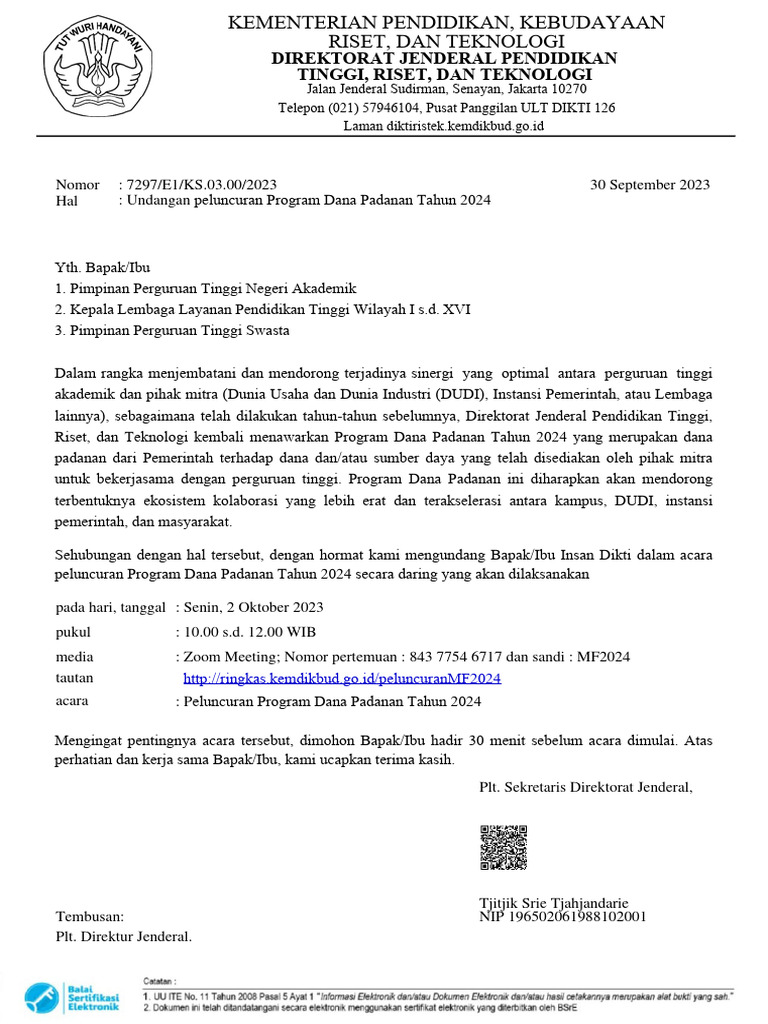 Undangan Launching PDP 2024 PT Dan LLDIKTI | PDF