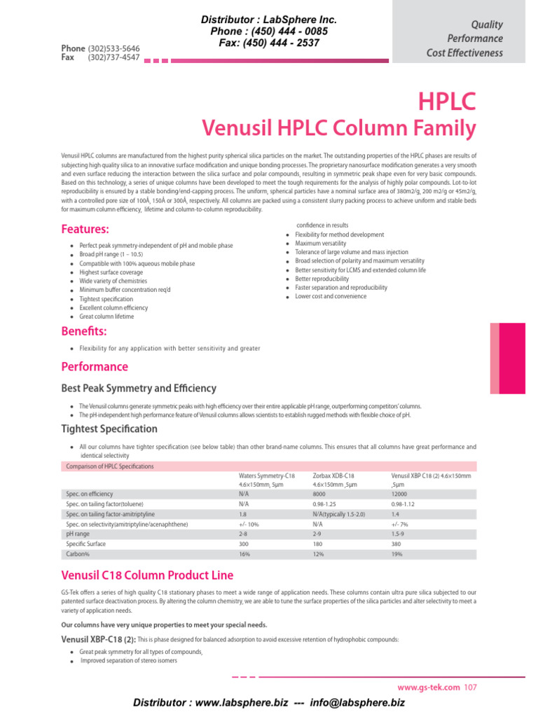 Venusil HPLC Column Family: Features | PDF | High Performance Liquid ...