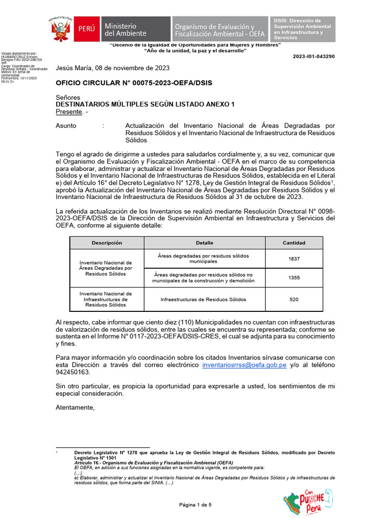 Oficio Circular 00075-2023-DSIS | PDF | Residuos | Producción y fabricación