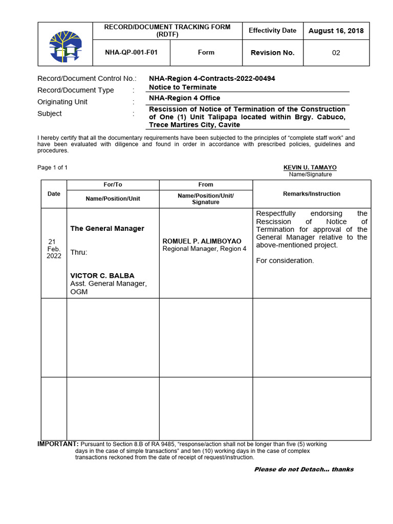 Record/Document Tracking Form (RDTF) Effectivity Date: 21 Feb. 2022 ...