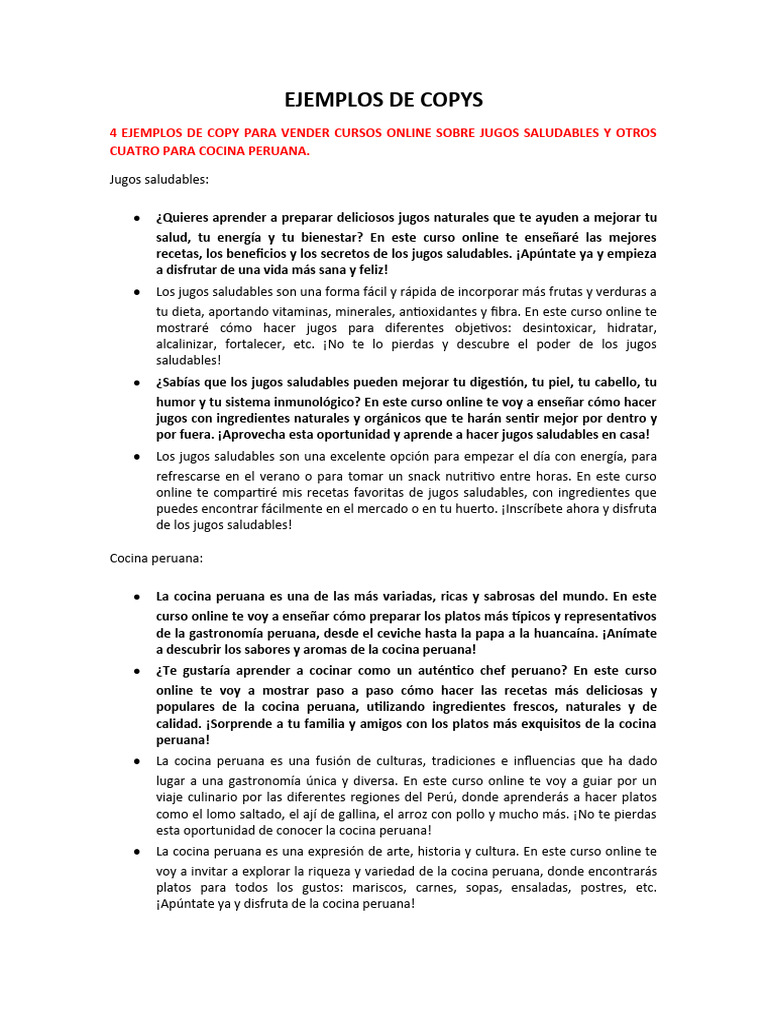 Copys para Cursos de Jugos y Cocina Peruana | PDF | Gastronomía | Té