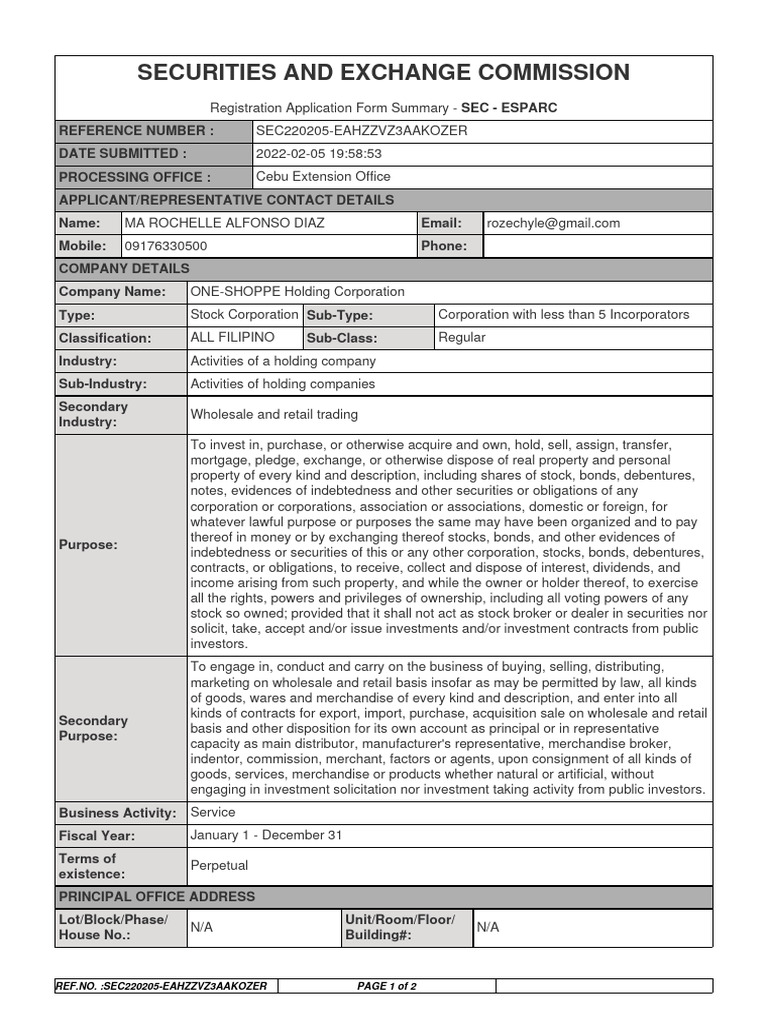 Application Summary Form | PDF | Securities (Finance) | Stocks
