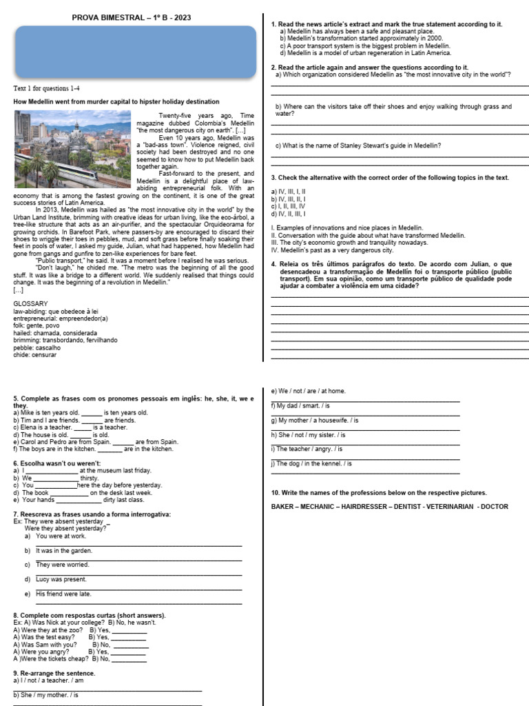 Prova de inglês - 7 ano - 1 bimestre | PDF