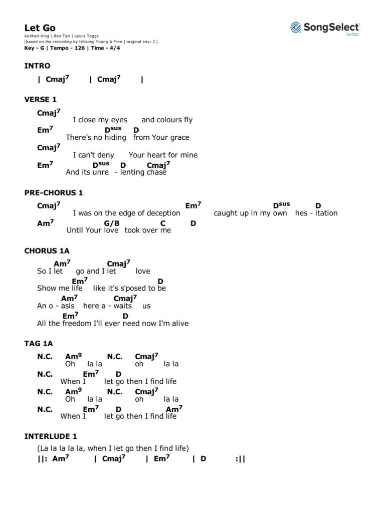 Let Go - SongSelect Chart in G For Capo 3 | Download Free PDF | Song ...