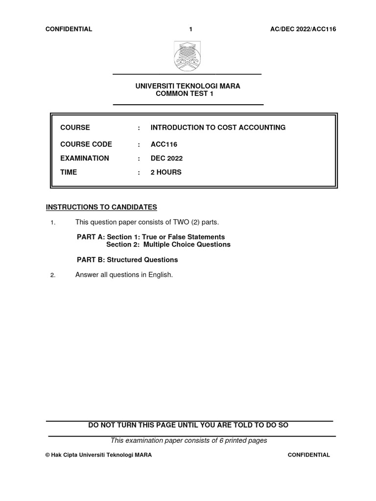 Acc116 Dec 2022 - Q - Test 1 | PDF | Cost | Business